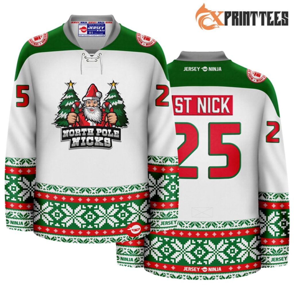 Christmas North Pole Nicks White Holiday Hockey Jersey | Fox Print Tees