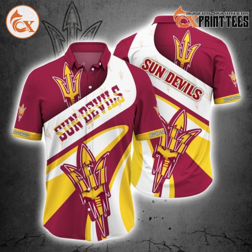 ASU Sun Devil Logo White Red Summer Cool Gift Aloha Shirt | Fox Print Tees