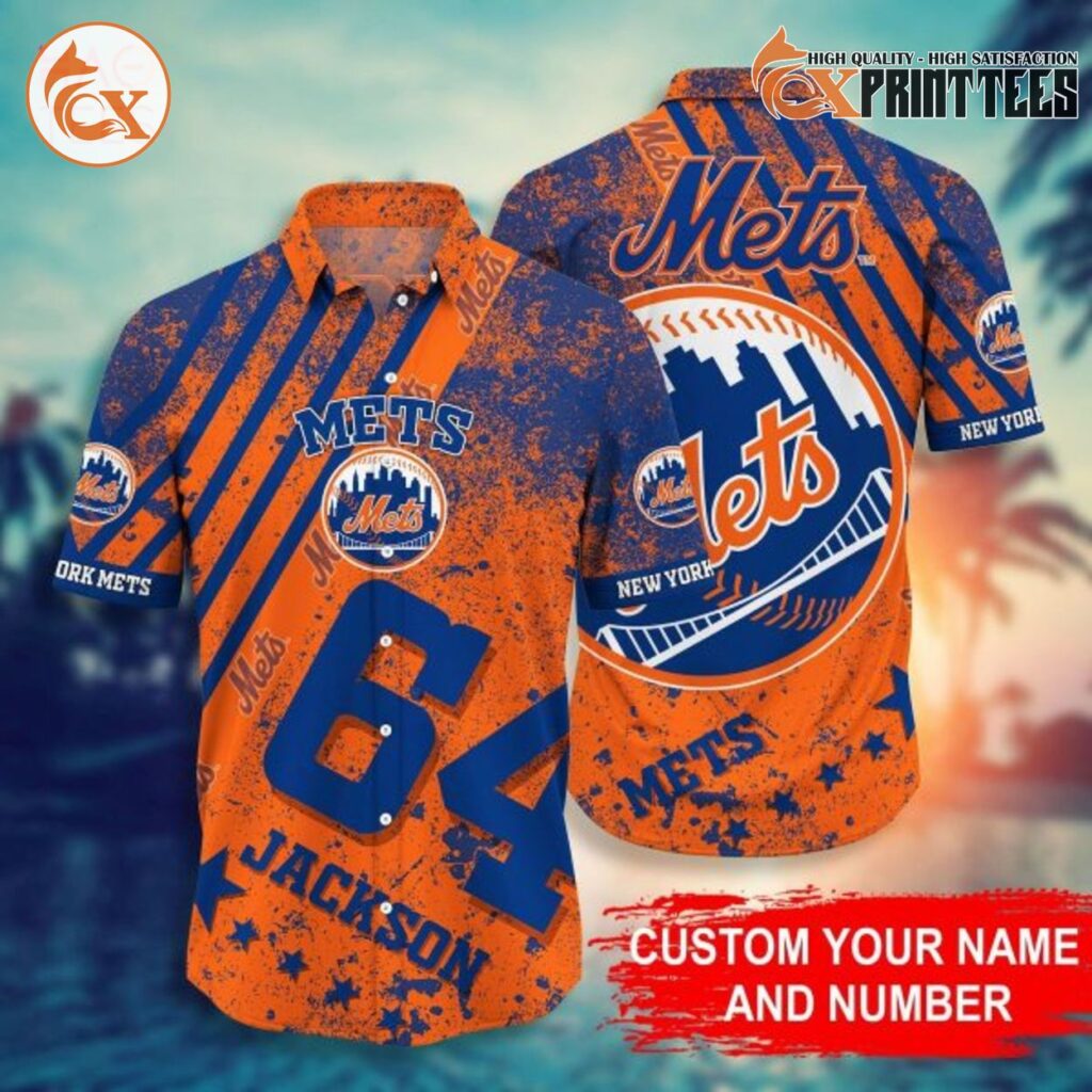 Mets New York Logo Personalized Orange Grunge Aloha Hawaiian Shirt ...