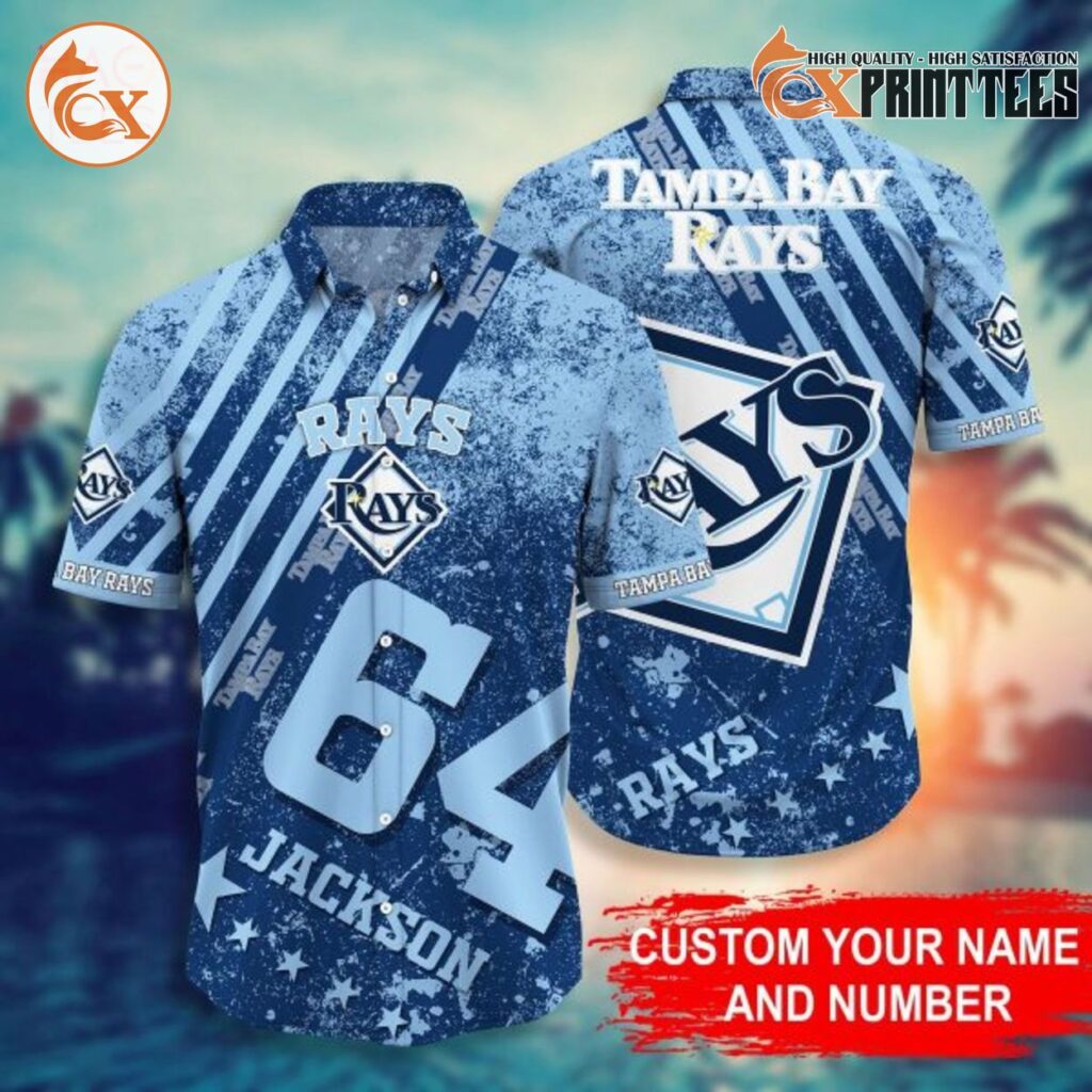 Tampa Rays Logo Personalized Blue Grunge Aloha Hawaiian Shirt, Great ...