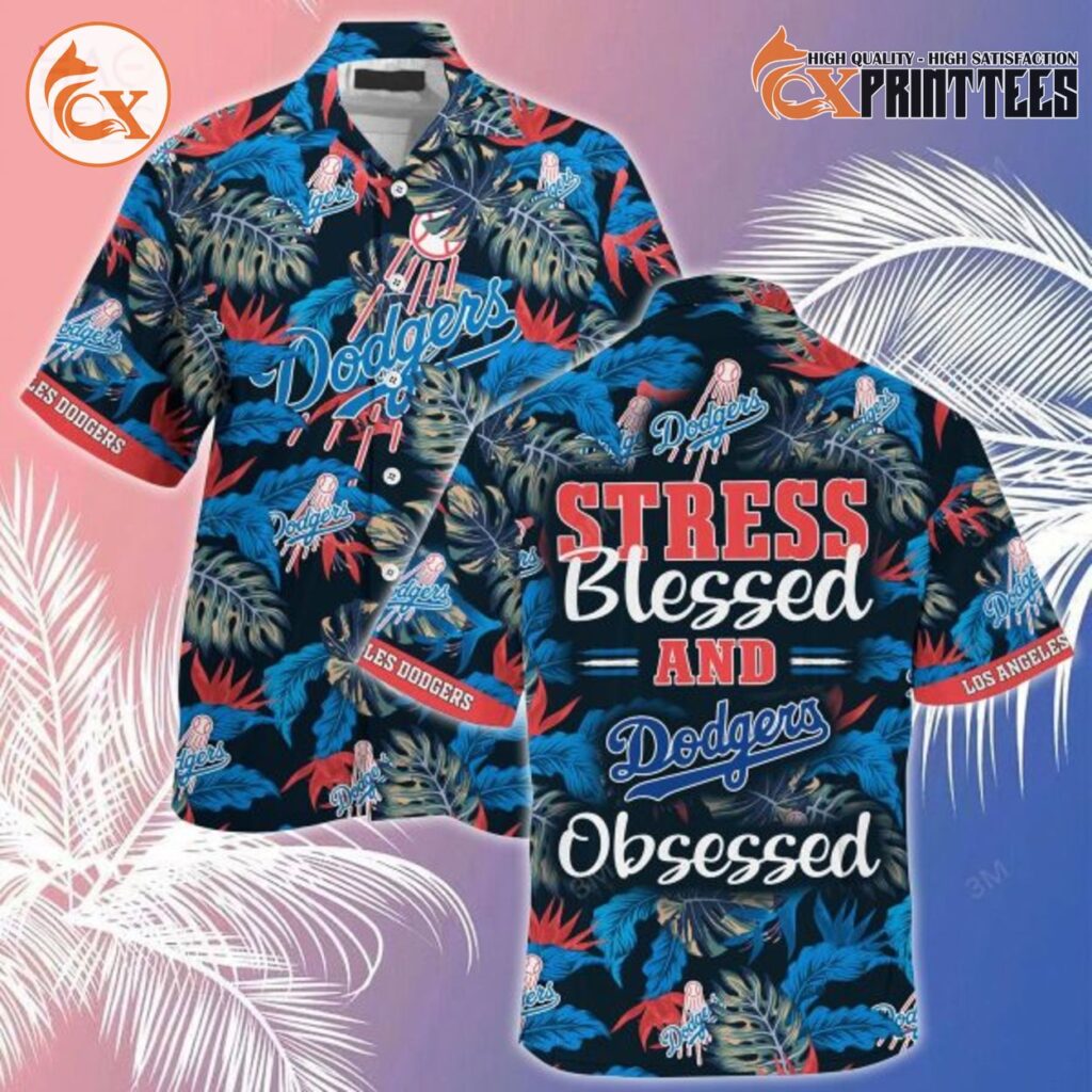 La Dodgers Logo Aloha Hawaiian Shirt Custom Tropical Hibicus Leaves ...