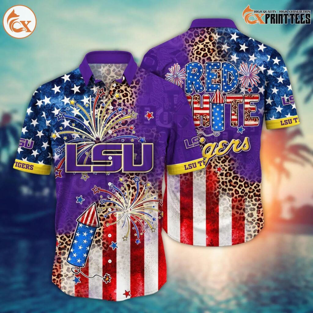 Logo Lsu Tigers Customize Firework Design Purple Hawaiian Shirt, Cool ...