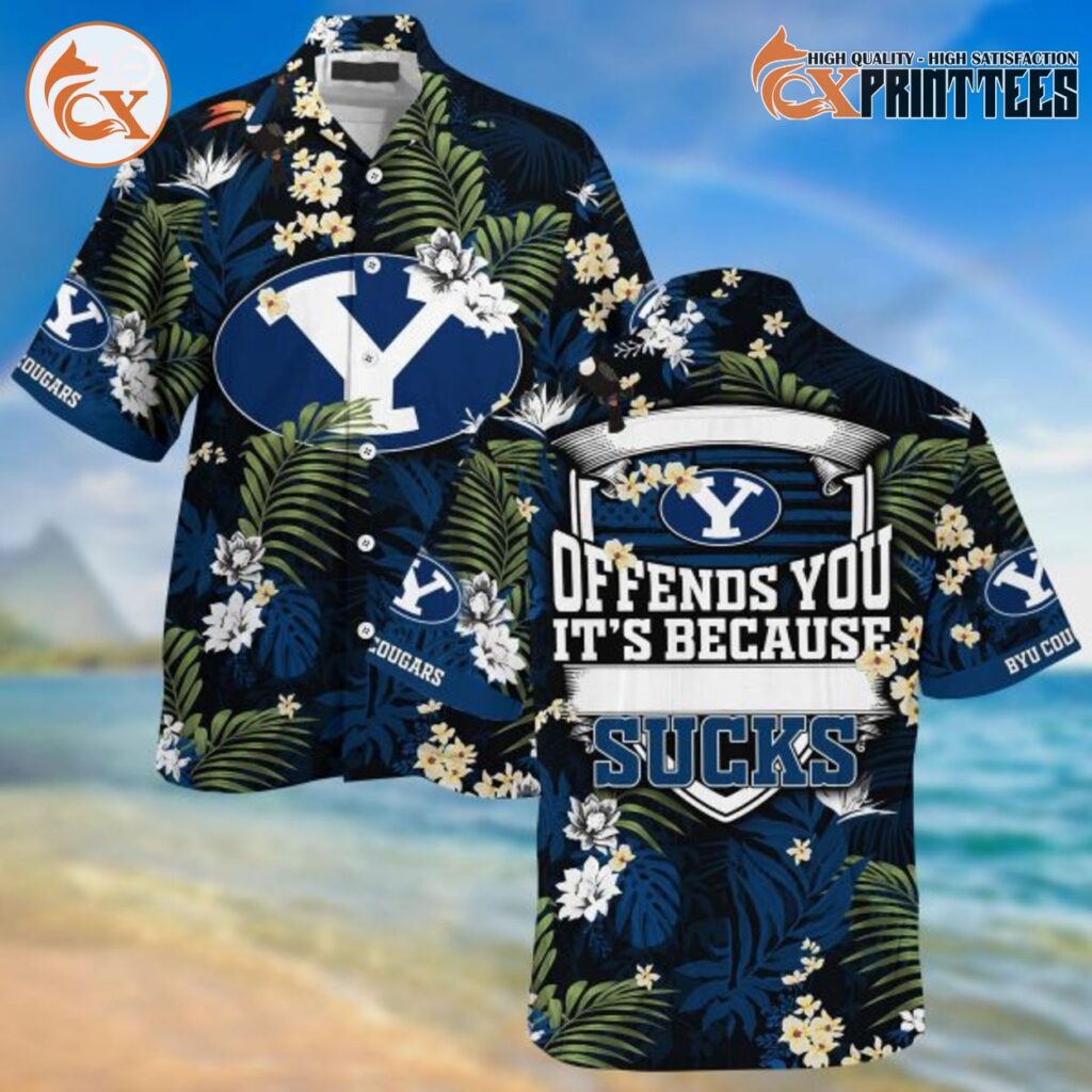 Byu Football Logo Tropical Hibicus Leaves Pattern Aloha Hawaiian Shirt ...